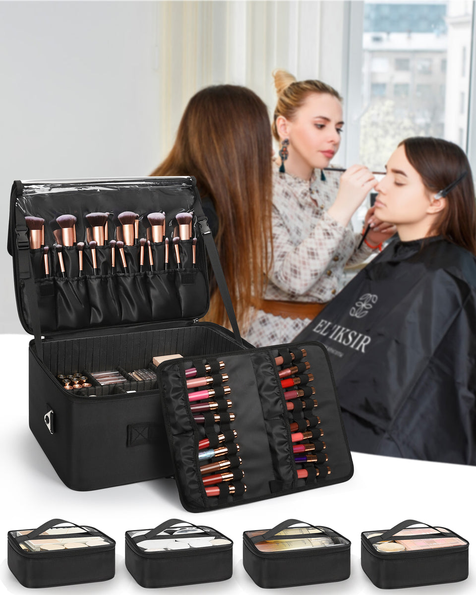 Extra Large Makeup Case with 4 Clear Bags and Lipstick Plate – Relavel