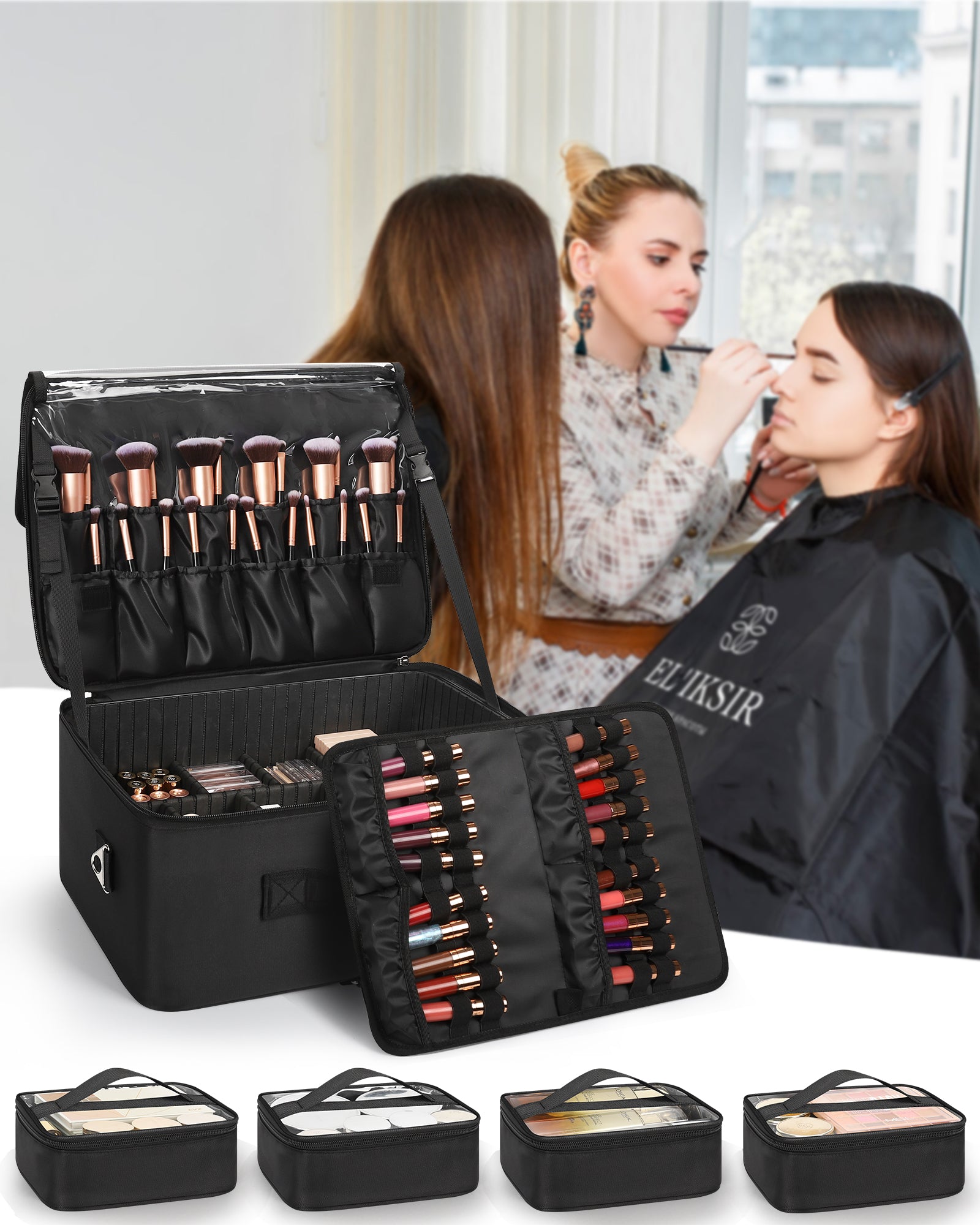 Extra Large Makeup Case with 4 Clear Bags and Lipstick Plate – Relavel