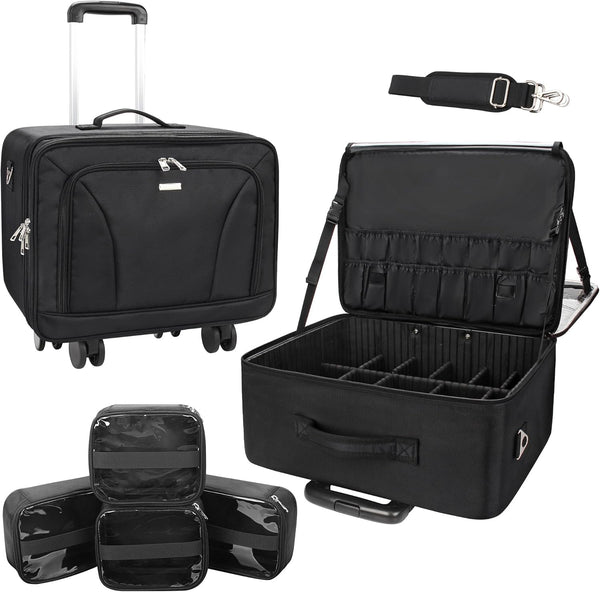 Rolling Extra Large 3-Layer Makeup Train Case With 4 360° Spinner Whee ...