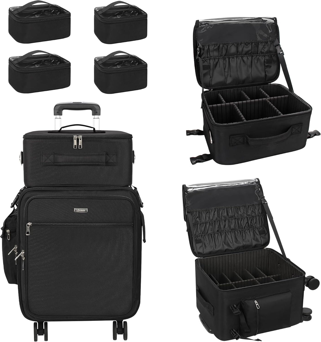 New Extra Large 2 in 1 Rolling Makeup Case With 4 Clear bags and 4 Rem ...