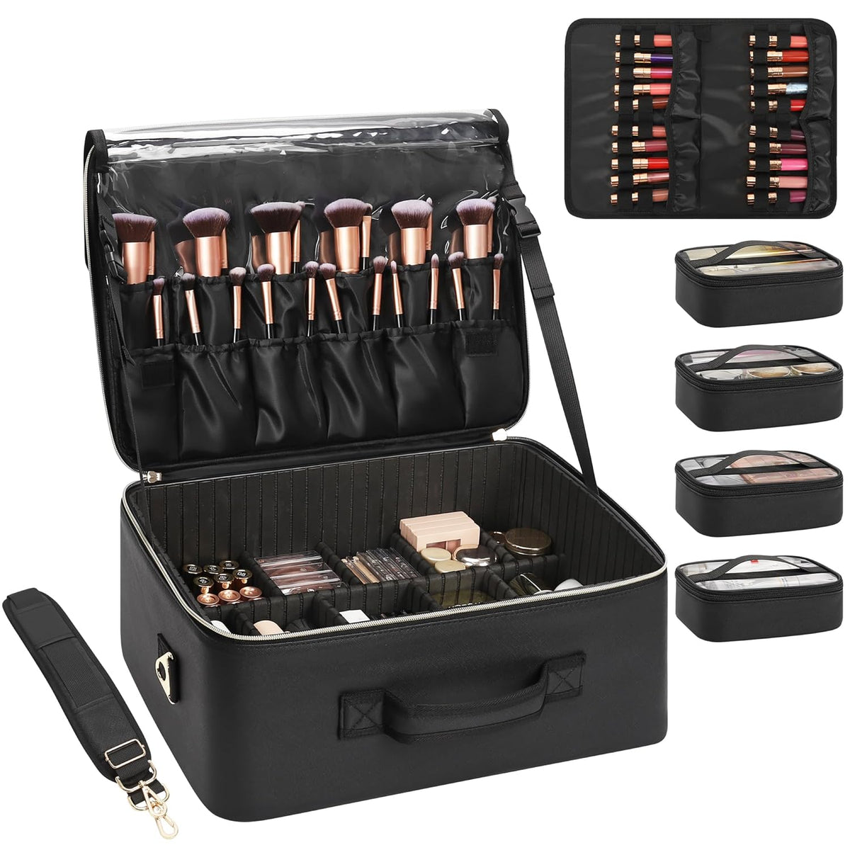 New Extra Large Makeup Case with 4 Clear Bags and Lipstick Plate – Relavel