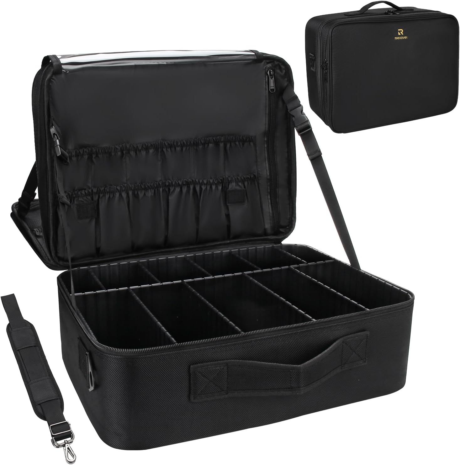 Black Extra Large Makeup Case with Plastic Dividers – Relavel