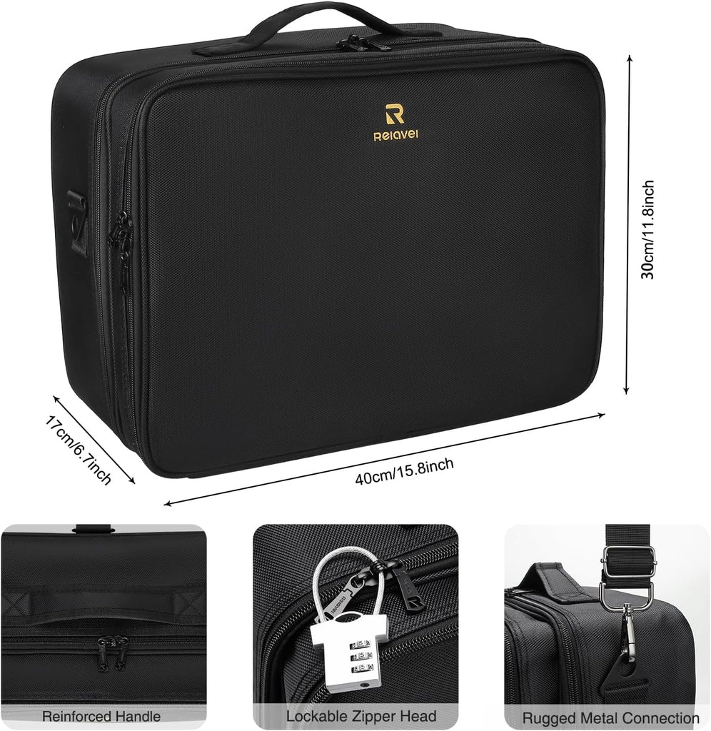 Black Extra Large Makeup Case with Plastic Dividers – Relavel