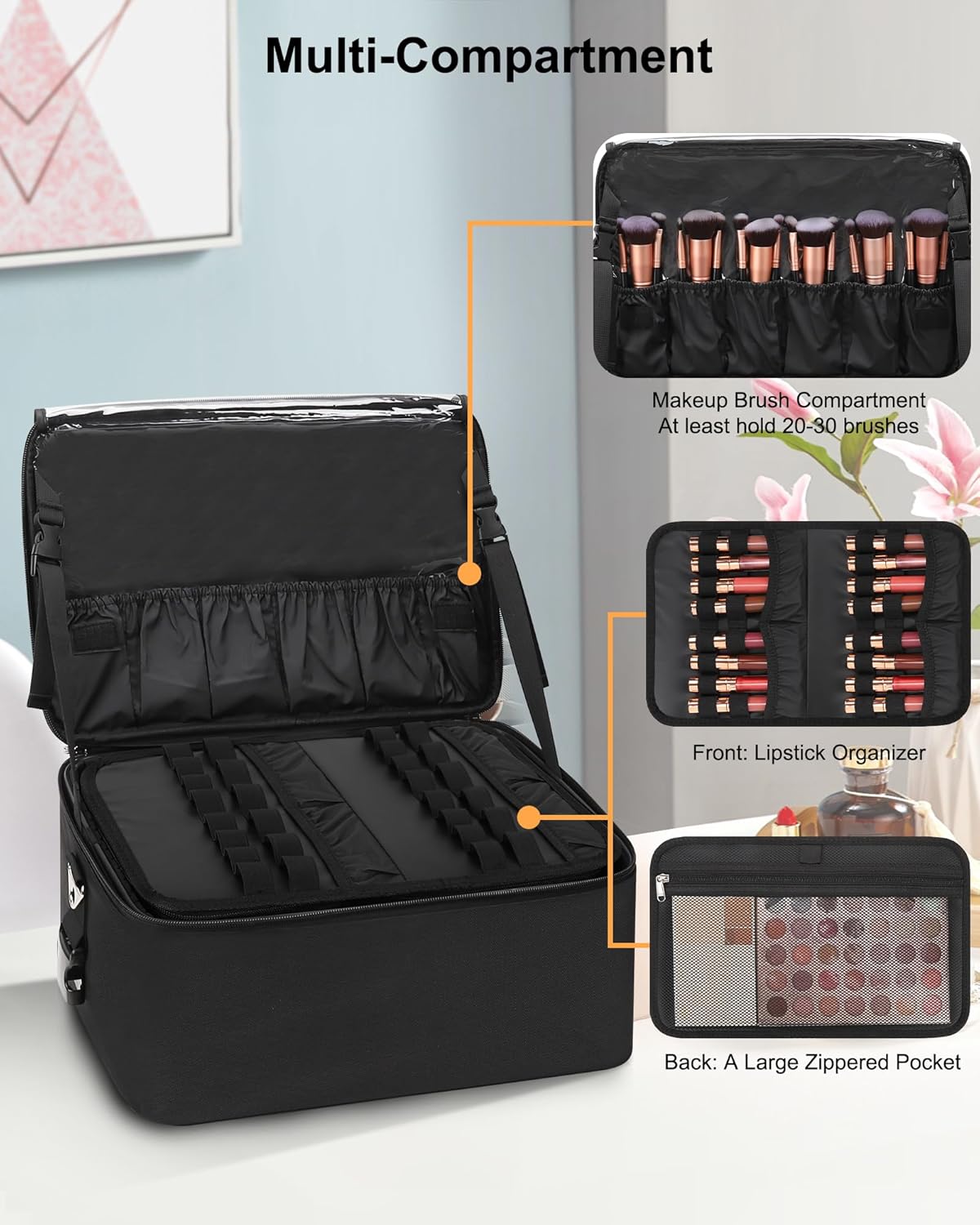 Large Makeup Case with 3 Clear Bags and Lipstick Plate – Relavel