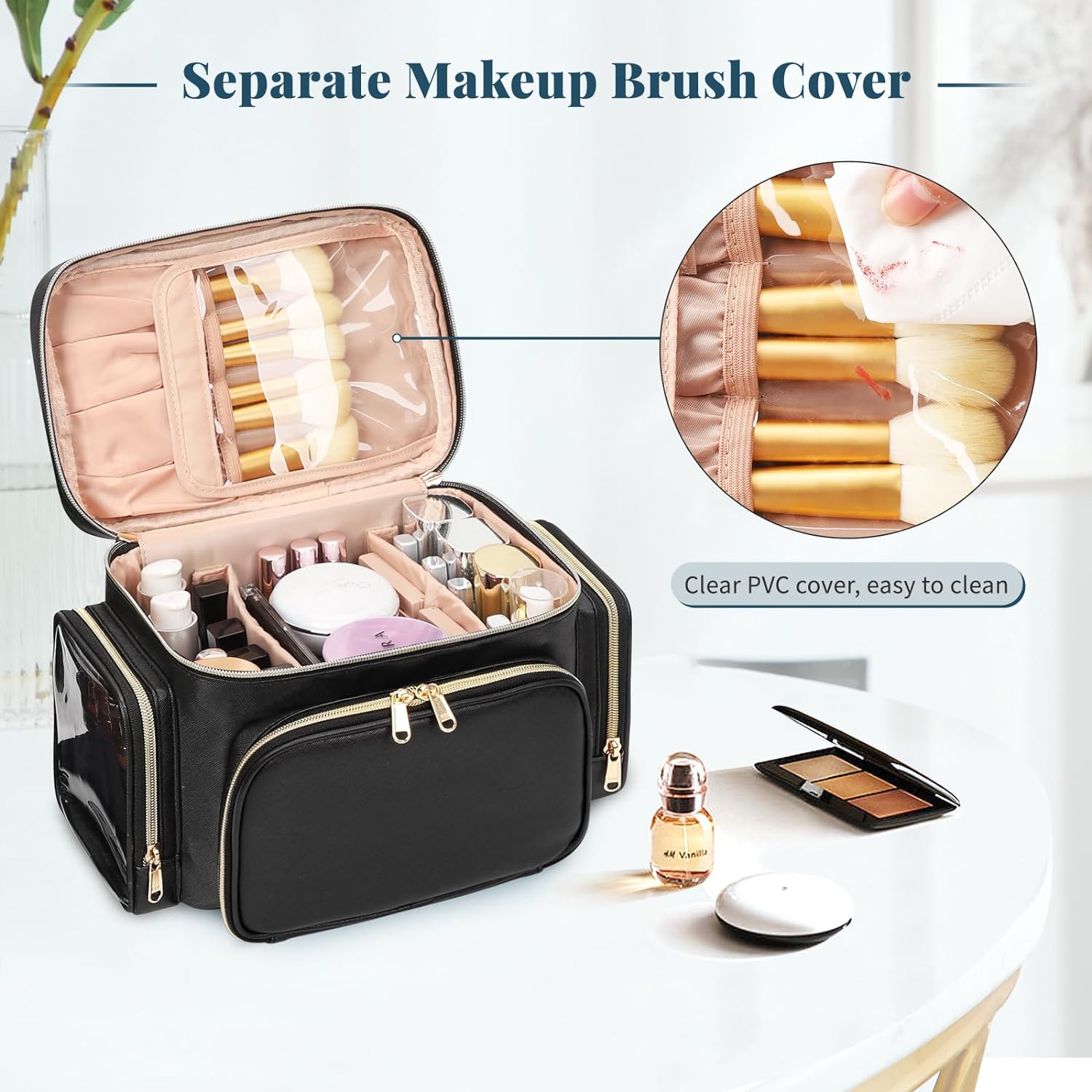 Large Makeup Bag with Makeup Brush Compartment & Two Side Pockets – Relavel
