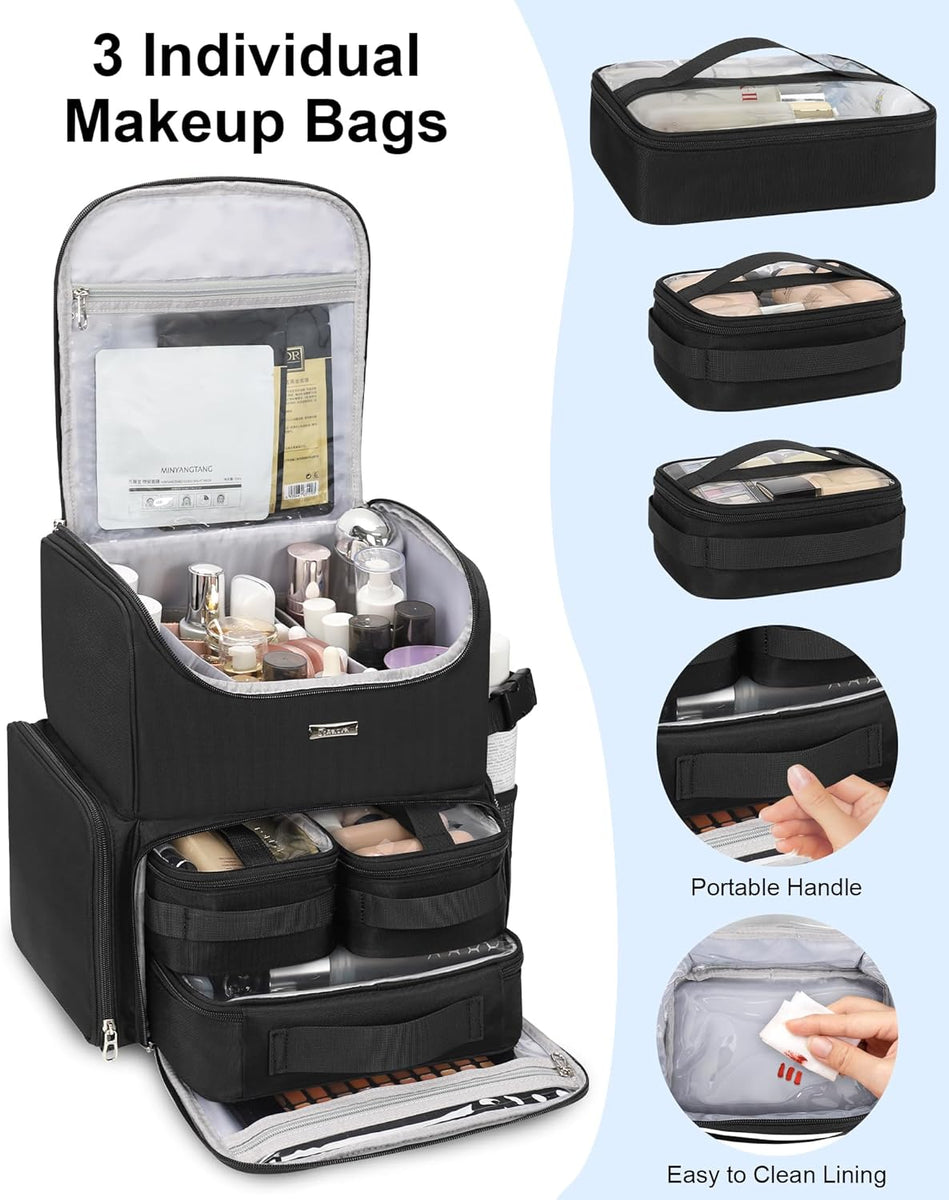 Relavel Makeup Backpack Large Makeup Bag with 3 Clear Set Bags