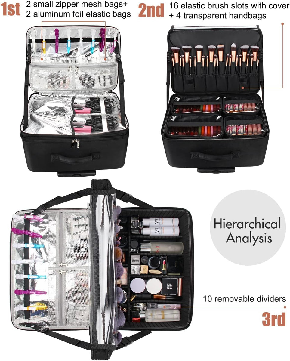 Rolling Extra Large 3-Layer Makeup Train Case with Adjustable Divider – Relavel