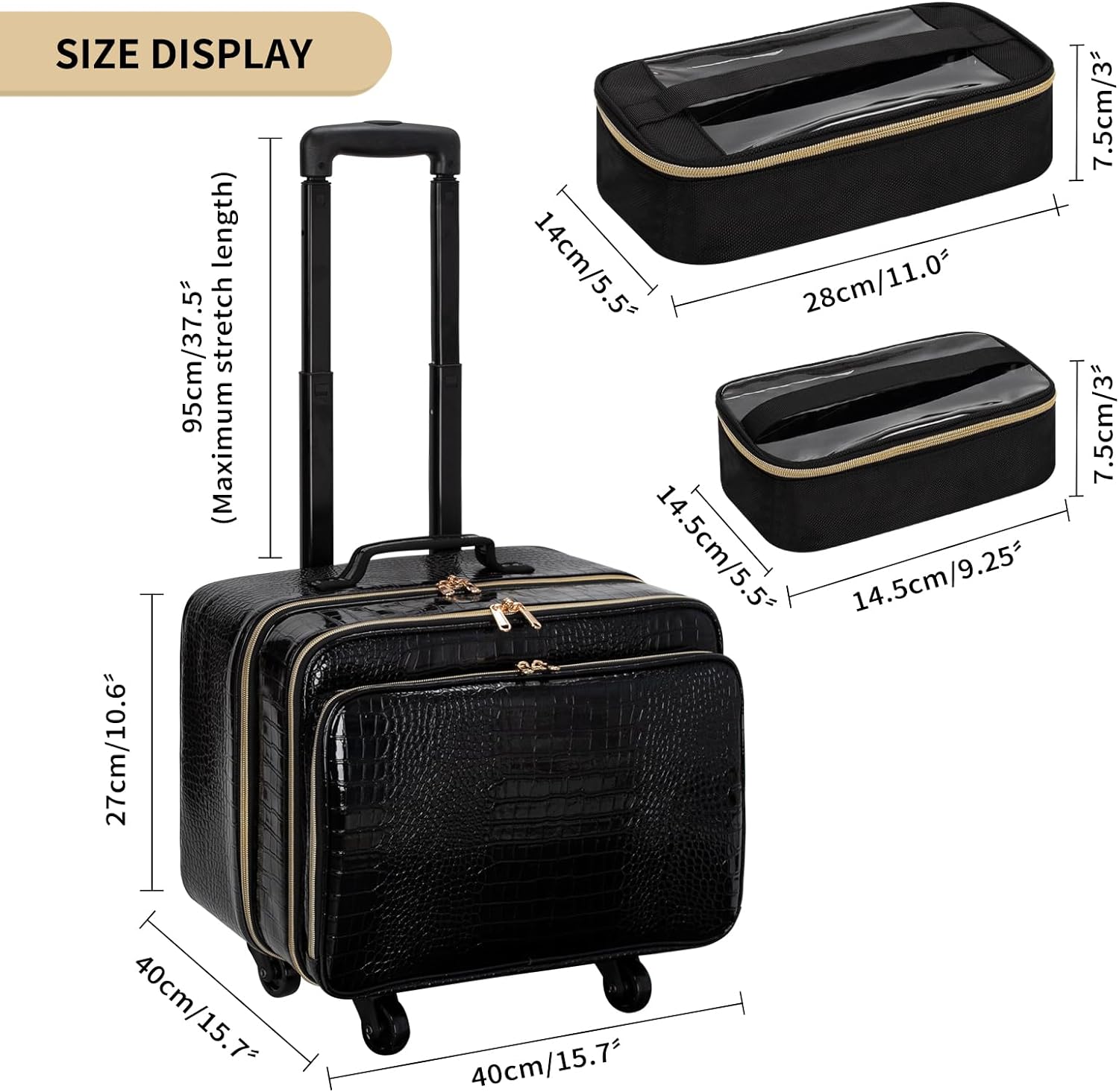 Rolling Extra Large 3 Layers Makeup Train Case with 3pcs Traveling Bag ...