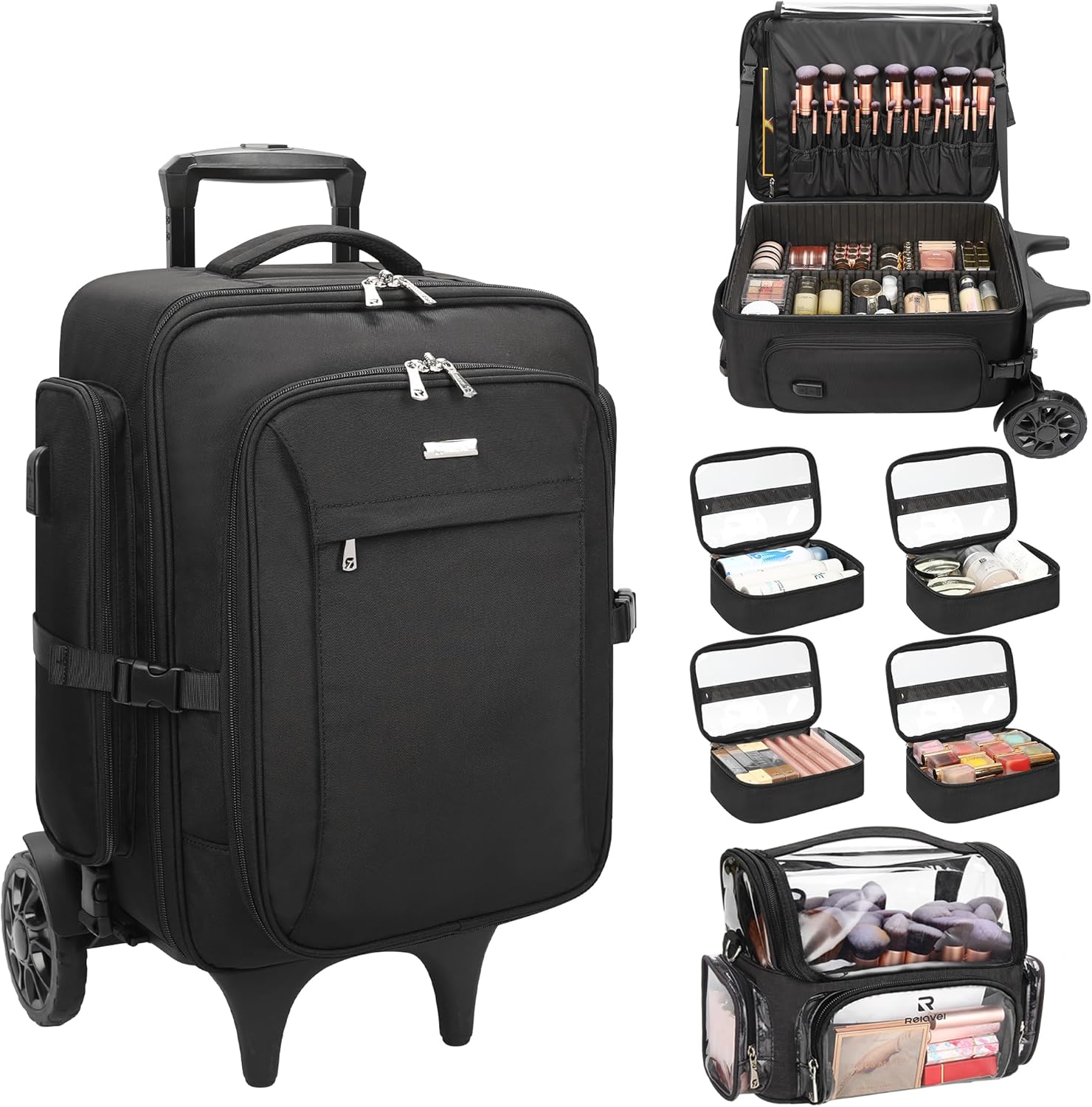 Rolling Extra Large Professional Trolley Makeup Backpack With 4 Small ...