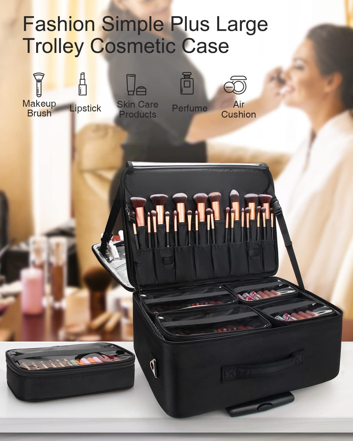 Rolling Extra Large 3-Layer Makeup Train Case with Adjustable Divider ...